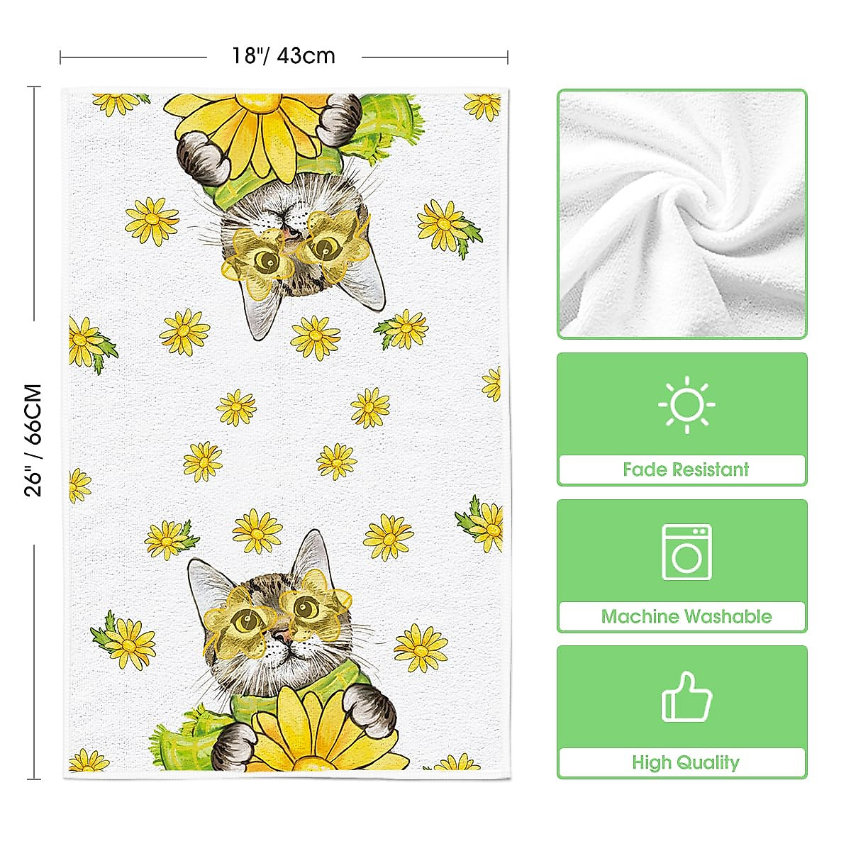 Artoid Mode Yellow Flowers Cat Hello Sunshine Kitchen Towels Dish Towels, 18x26 Inch Spring Summer Holiday Decoration Hand Towels Set of 2