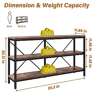 Jevindo 3-Tier Console Table for Entryway, 55in Sofa Table w/Open Shelf and Adjustable Feet, Industrial Long Narrow Hallway Table with X-Bars for Hallyway, Living Room, Bedroom, Easy to Install