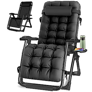 Oversized Zero Gravity Chair, Lawn Recliner, Reclining Patio Lounger Chair, Folding Portable Chaise, with Detachable Soft Cushion, Cup Holder, Adjustable Headrest, Support 500 lbs. (Black Cushion)