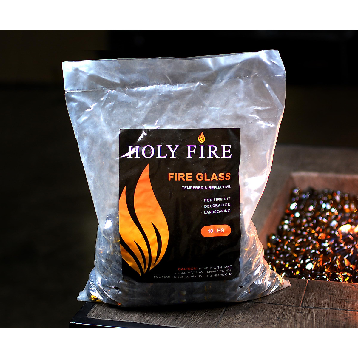 Holy Fire 1-inch Fire Glass Diamonds for Fire Pits, Reflective Diamonds Rocks for Natural or Propane Gas Fireplaces Fire Bowls, Indoor & Outdoor Landscaping. (20 Pounds, Amber Brown)