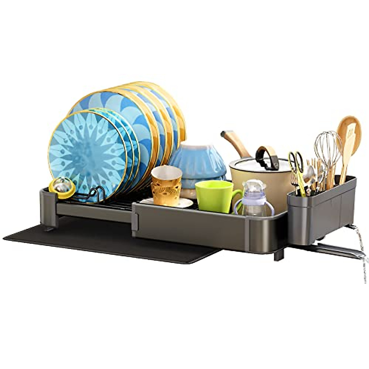 Dish Drying Rack, Aluminium Rustproof Expandable (14.9''-22.3'') Kitchen Counter Dish Rack with Drainboard, Dish Drainer with Drying Mat Utensil Holder Sink Caddy, Black