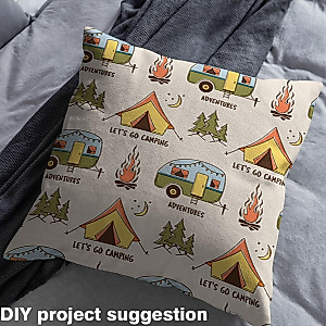 Camping Theme Fabric by The Yard,Retro Cartoon Camper Campfire Tent DIY Art Waterproof Fabric,Jungle Adventure Decorative Outdoor Fabric,Moon Stars Farm Decor Upholstery Fabric,2 Yards