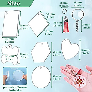 300 PCS Clear Acrylic Keychain Blanks, 6 Shapes Wholesale Acrylic Blanks Leather Tassel Charms Key Chains Jump Rings for Vinyl Resin DIY Crafts Ornament Engrave (Round Heart Square Rectangle Bone)