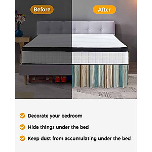 Teal Blue Green Striped Boho Bed Skirt Queen Size 18 Inch Drop,Adjustable & Elastic Wrap Around Bed Skirts Luxury Ruffles for Twin Full Queen Cal King Bed,Antique Southwestern Native Pattern Tribal