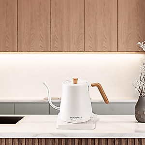 Fooikos Electric Gooseneck Kettle 0.8L for Pour Over Coffee and Tea, Food Grade 304 Stainless Steel, 1000W Quick Heating (White)