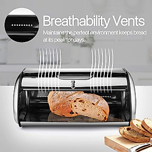 Flexzion Stainless Steel Bread Box for Kitchen Countertop (13 inch) Metal Bread Storage with Roll Up Lid & Front Window for Restaurant & Homemade Cakes, Buns, Pastries, Pancakes, Cookies