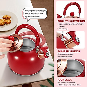GGC 2.6QT Tea Kettle for Stove Tops, Whistling Tea Kettles for Boiling Water Coffee or Milk, Red Stainless Steel Tea Pots with Folding Handle, Thumb Design Control Kettle Outlet