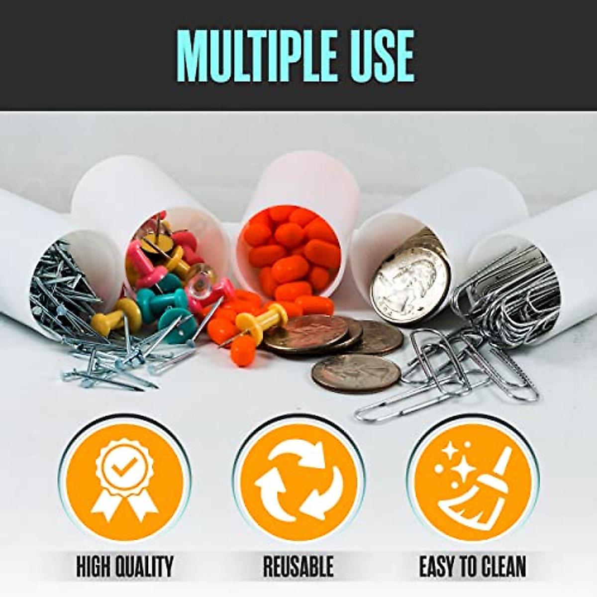 Houseables Film Canisters w/ Caps, 60 Pk, 35MM Empty Camera Reel Containers, for Rockets, White, 8 OZ, 2" H, 1" W, Plastic, Films Developing Processing Tube, Roll Case, Small Accessories, Storage