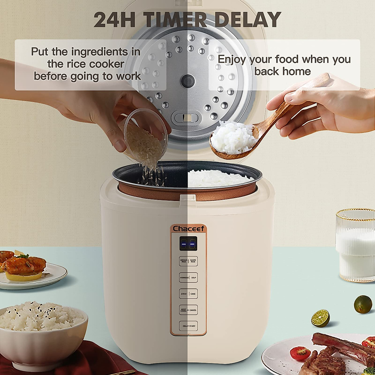 CHACEEF Mini Rice Cooker 2-Cups Uncooked, 1.2L Portable Non-Stick Small Travel Rice Cooker, Beige & CHACEEF Rice Cooker 3-Cups Uncooked, 1.5L Small Rice Cooker with Non-stick coating, Green