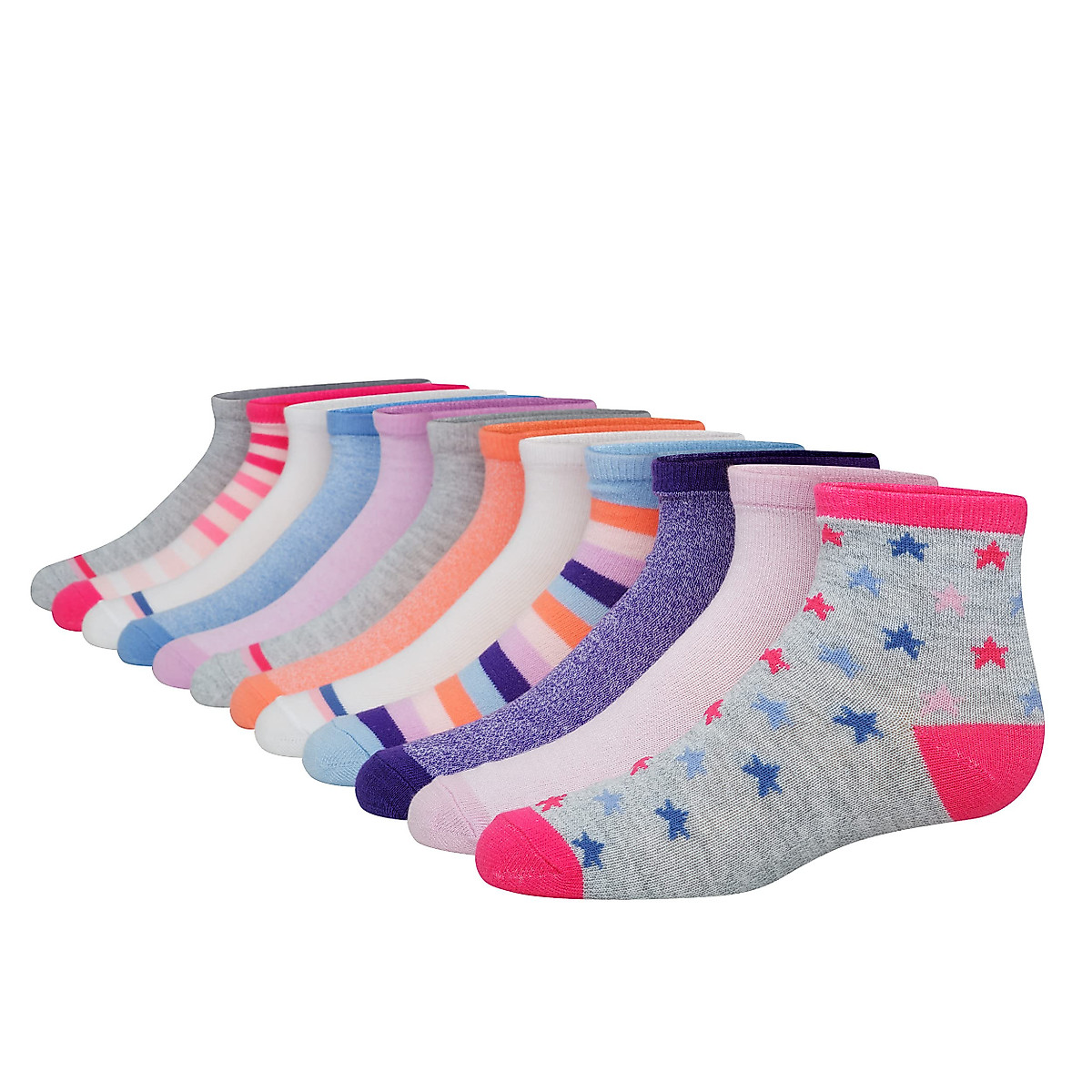 Hanes Girls' Big, Ankle and No Show Fashion, Soft Socks, 12-Pack, Ankle-Grey/Blue/Pink/Lavender-12 Pack, Medium