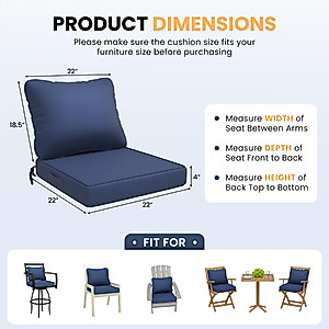 Amopatio Outdoor Cushions for Patio Furniture, 22x22 Outdoor Chair Cushions with Waterproof & Fade Resistant Cover, Deep Seat Replacement Patio Cushions with Adjustable Straps & Handle, Navy Blue