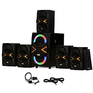 Acoustic Audio AA5210 Home 5.1 Speaker System with Bluetooth, LEDs, FM, Optical Input and 2 Ext. Cables