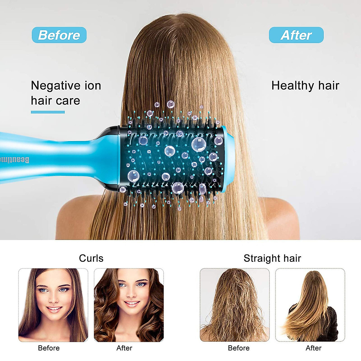 Beautimeter Hot Air Brush, 3 in 1 Hair Dryer Brush for Styling and Frizz Control, Negative Ionic Blow Hair Dryer and Volumizer, Turquoise Blue