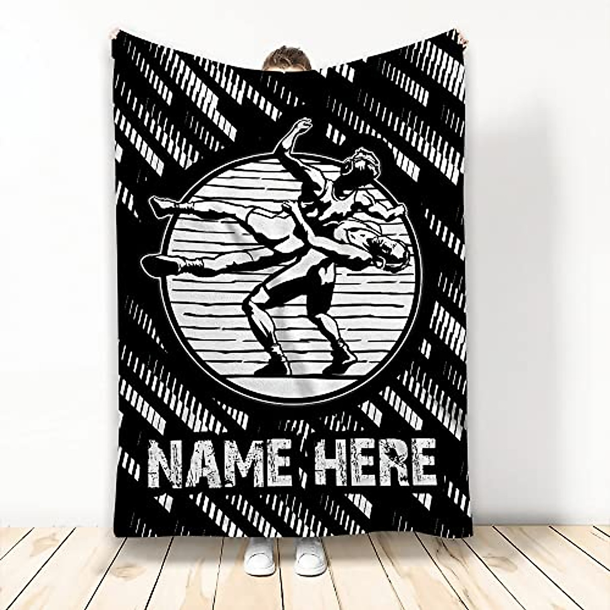 OhaPrints Custom Abstract Pattern Wrestling Lover Wrestler Black White Personalized Name Soft Sherpa Throw Blankets Cozy Fuzzy Fleece Throws for Tv Sofa Couch Comfy Fluffy Blanket 30X40 50X60 60X80