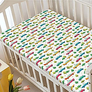 Retro Car Themed Fitted Crib Sheet,Standard Crib Mattress Fitted Sheet Soft & Stretchy Fitted Crib Sheet-Baby Sheet for Boys Girls,28“ x52“,Multicolor