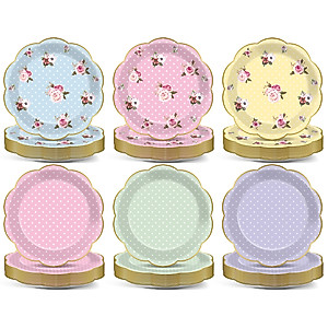 ojustbeok 48 Pcs Floral Paper Plates Tea Party Decorations Flowers Party Tableware Set Vintage Garden Party Supplies for Birthday Baby Shower Wedding Bridal Shower Disposable Talking Dinnerware Favors