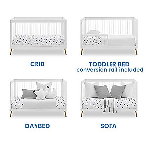 Delta Children Sloane Crib 7-Piece Baby Nursery Furniture Set–Includes: Convertible Crib, Dresser, Changing Top, Crib Mattress, Fitted Sheets, Toddler Guardrail & Changing Pad, White w/Melted Bronze