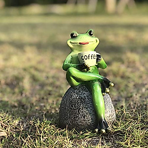 Creative Green Frog Sitting on Stone Statue Drinking Coffee Indoor Outdoor Garden Statue Decoration Collectible Frog Figurine Statue Model Sculpture (6" Frog On Stone)