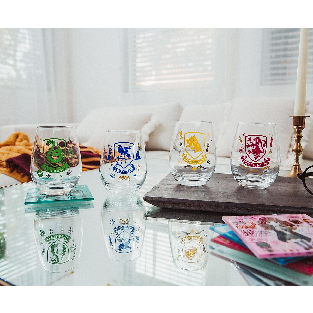 Silver Buffalo Harry Potter Hogwarts House Colors 12-Ounce Stemless Wine Glasses, Set of 4 | Holds 20 Ounces