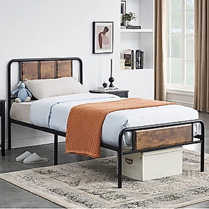 VECELO Twin Size Bed Frames Metal Platform with Wood Headboard, Heavy Duty Steel Slats Support/Easy Assemble,Dark Brown