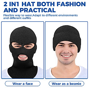 3 Hole Winter Knitted Mask, Full Face Cover Ski Scarf Mask Warm Balaclava for Adult Skiing, Motorcycle, UV Protection, Wind Protection 1234 Black