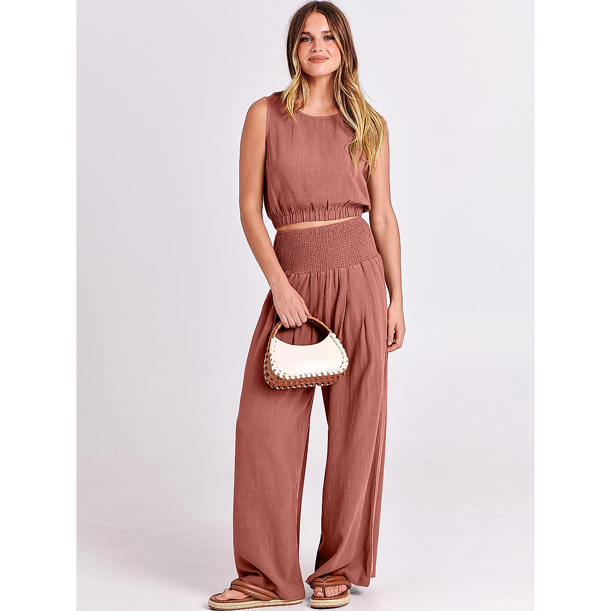 ANRABESS Women's 2 Piece Linen Lounge Set Casual Matching Pants Jumpsuit Summer Beach Travel Vacation Trendy Outfits X-Large