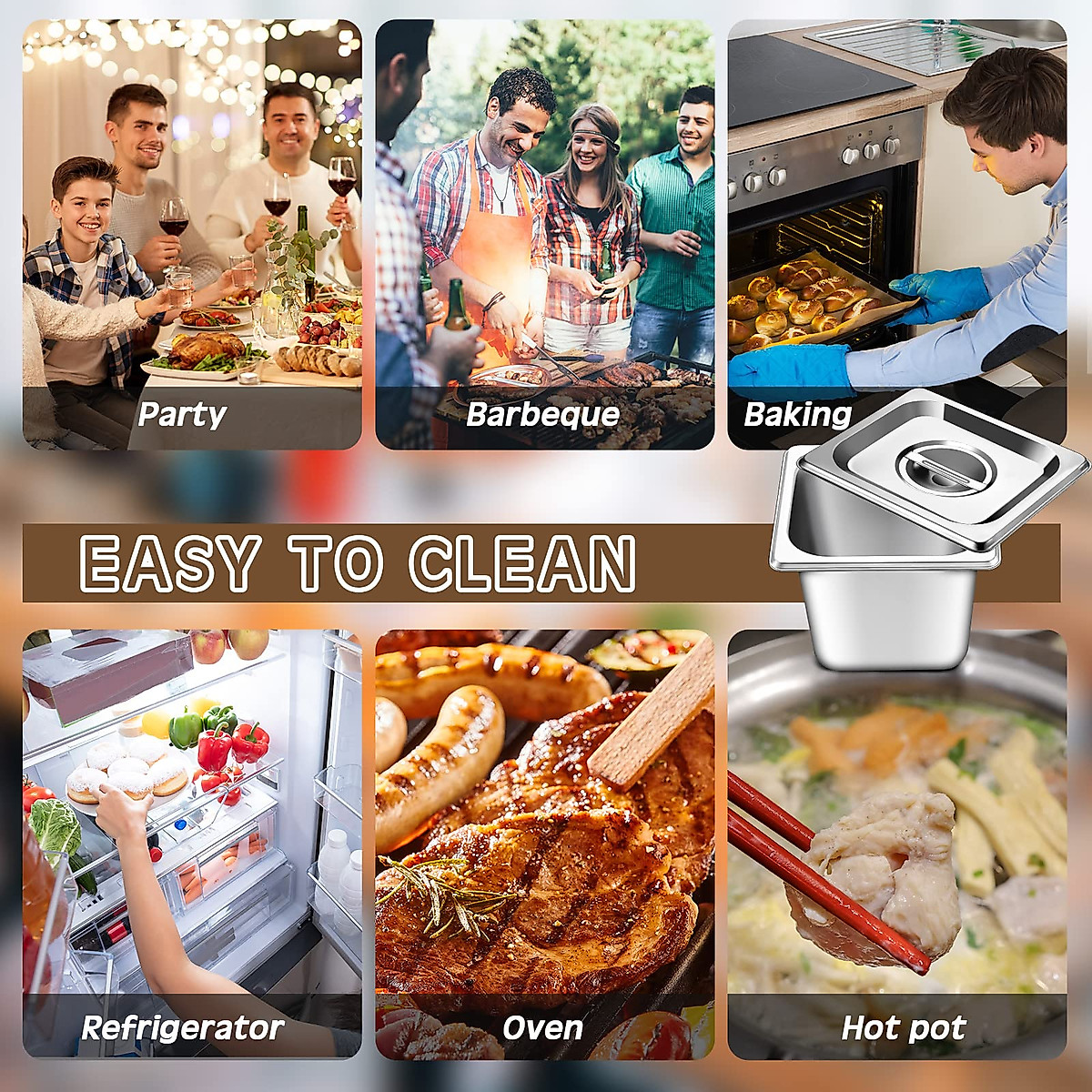 Baderke 4 Pack Stainless Steam Hotel Pans with Lids, 1/6 Sixth Size x 6 Inch Deep, 0.7 mm Thick 304 Stainless Steel Hotel Pan Anti Steam Table Pan for Food Warmer Cooking Heat