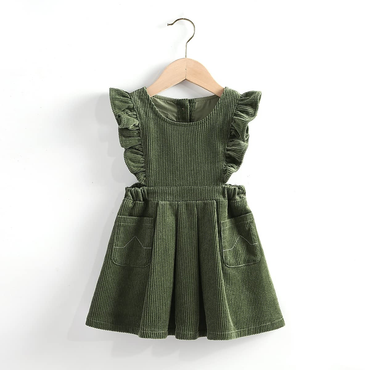 Simplee kids Casual Girl Fall Dress Solid Green Corduroy Holiday Girl Dress with Pockets 10 Years