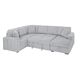 DEINPPA 122 Inch Sleeper Sofa Couch with Pullout Bed, Chunky Furry Corduroy Sectional Sofa with Storage Chaise and Charging Ports, Large Sectional Couches for Living Room-Grey