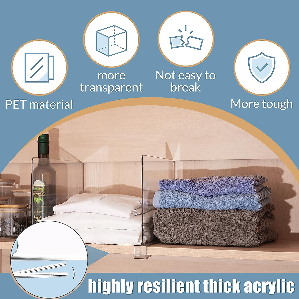 JEAWIWI Shelf Dividers for Closet Organization, Clear Acrylic Closet Shelf Divider Shelves Clothes Purses Separators, Plastic Shelves Organizer for Bedroom, Kitchen, Office, Cabinet, 8 Pack