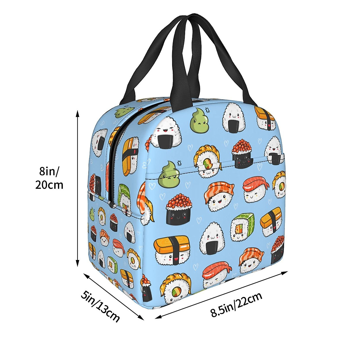 Echoserein Kawaii Japanese Sushi Blue Lunch Bag Insulated Lunch Box Reusable Lunchbox Waterproof Portable Lunch Tote For Women Men Girls Boys