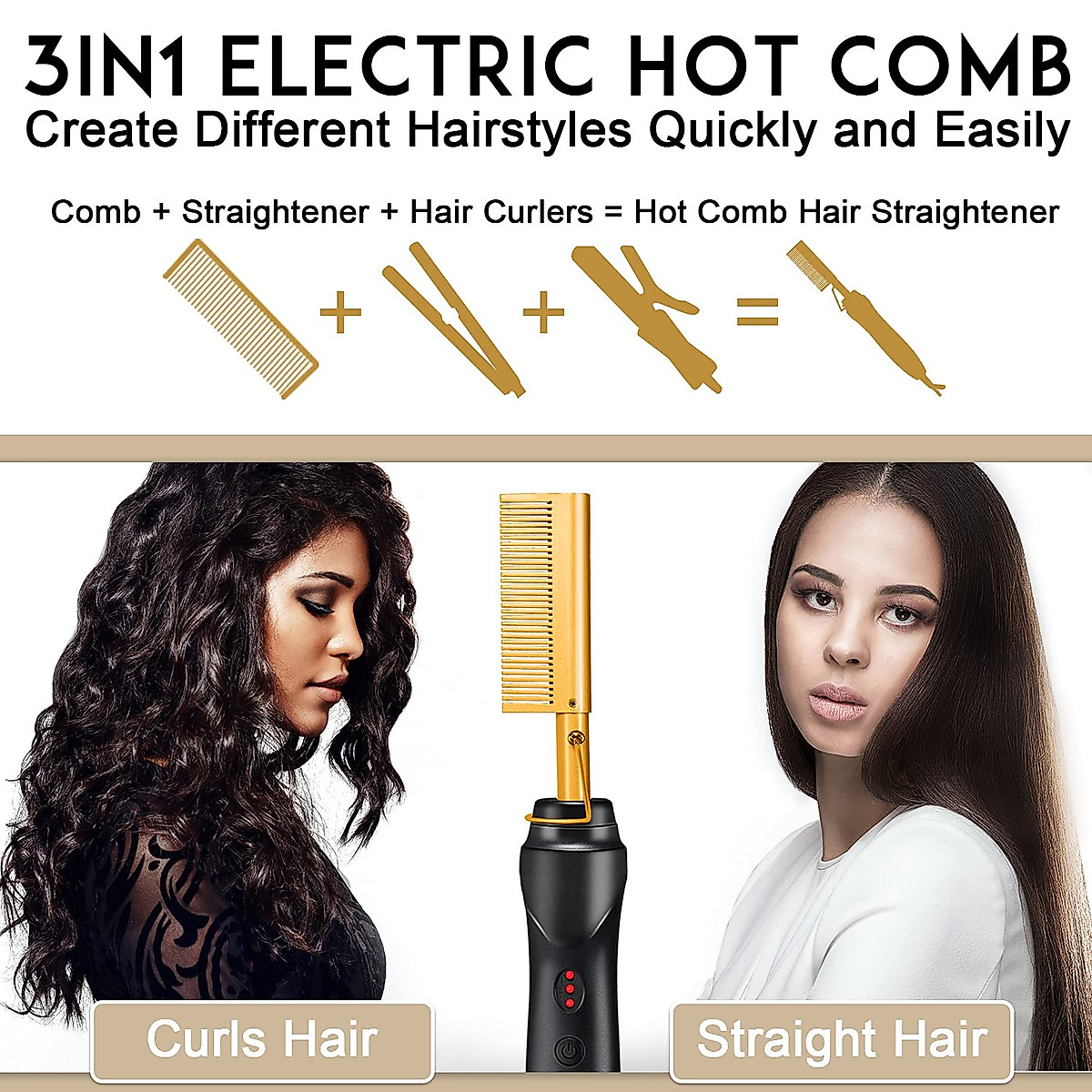 NICEMOVIC Ceramic Heating Hair Straightener Comb - Hot Pressing Brush for Natural Black Hair, Beard Wigs, and Curling (Gold)
