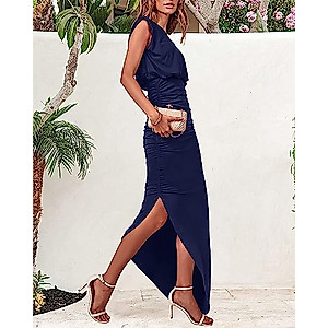 BTFBM Women Sleeveless Ruched Bodycon Dress 2023 Summer High Waist Asymmetrical Slit Formal Party Cocktail Maxi Dresses(Solid Navy, Large)
