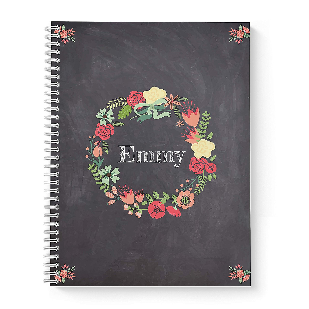 Floral Wreath Personalized Monthly and Weekly HARDCOVER Planner and Organizer, 1 full year, DATED or UNDATED OPTION, 8.5" x 11", lay flat wire-o spiral binding
