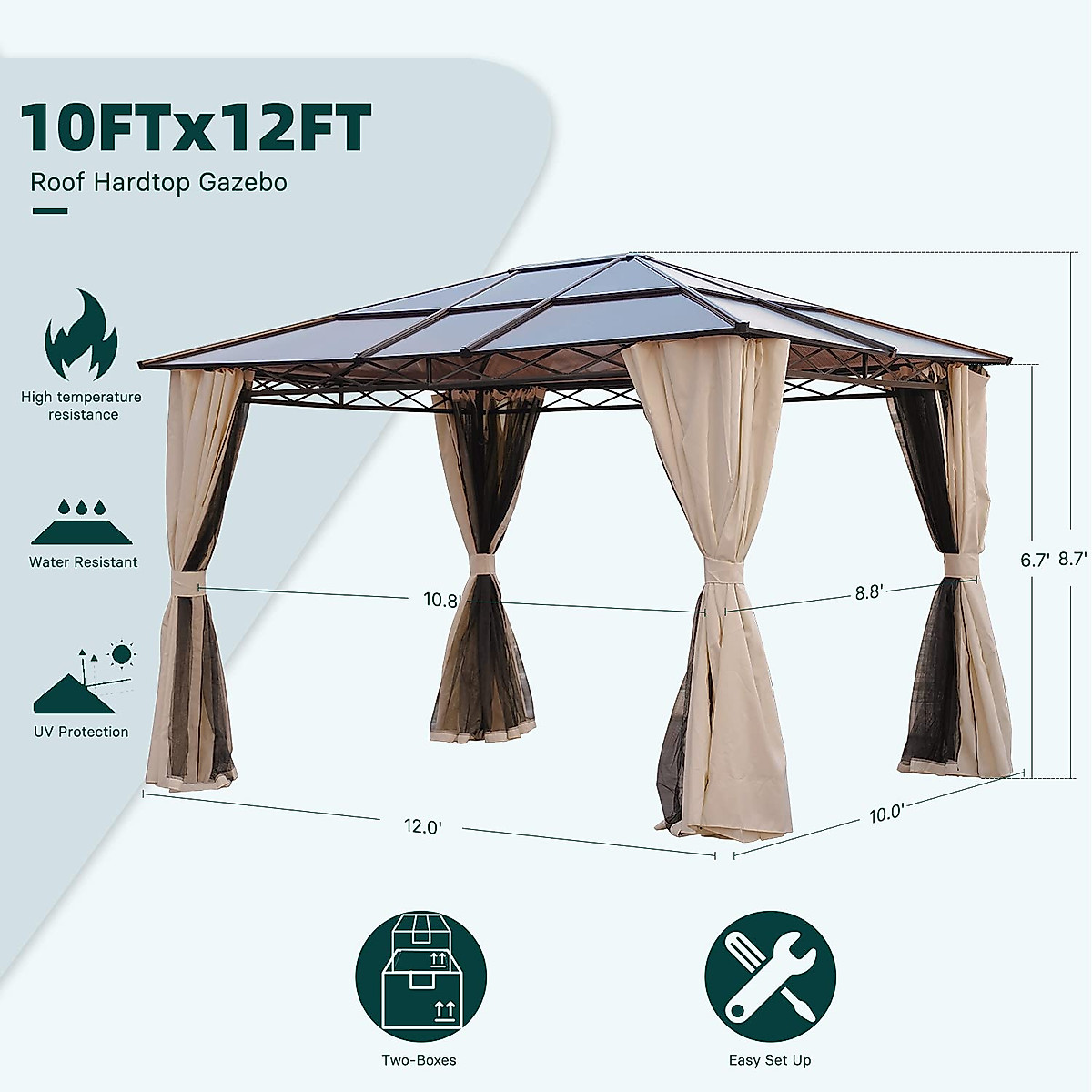 Grand patio 10x12 Gazebo, Hardtop Gazebo, Single Roof Pergolas Metal Aluminum Frame UV 50+ Outdoor Canopy with Mosquito Netting and Curtains, Outdoor Shelter for Garden, Lawn, Backyard