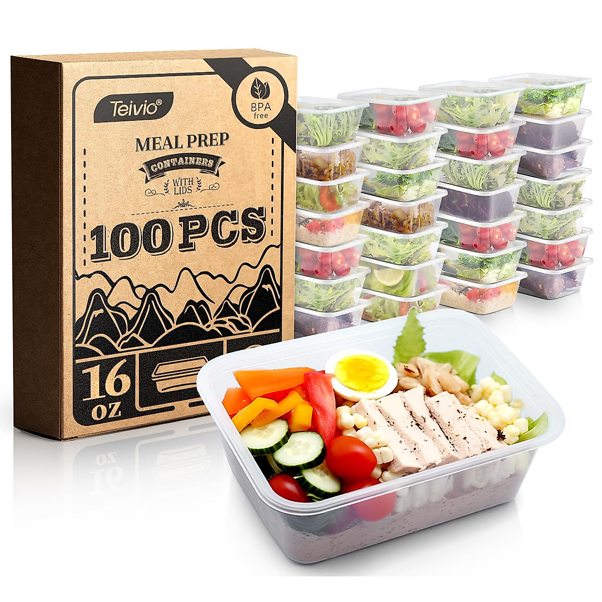 Teivio 100Pack 16oz Disposable Meal Prep Containers, Plastic Food Storage Containers with Lids, Leak proof, Microwave and Freezer Safe,for preparing lunch, snacks, salad or sandwiches (Clear)