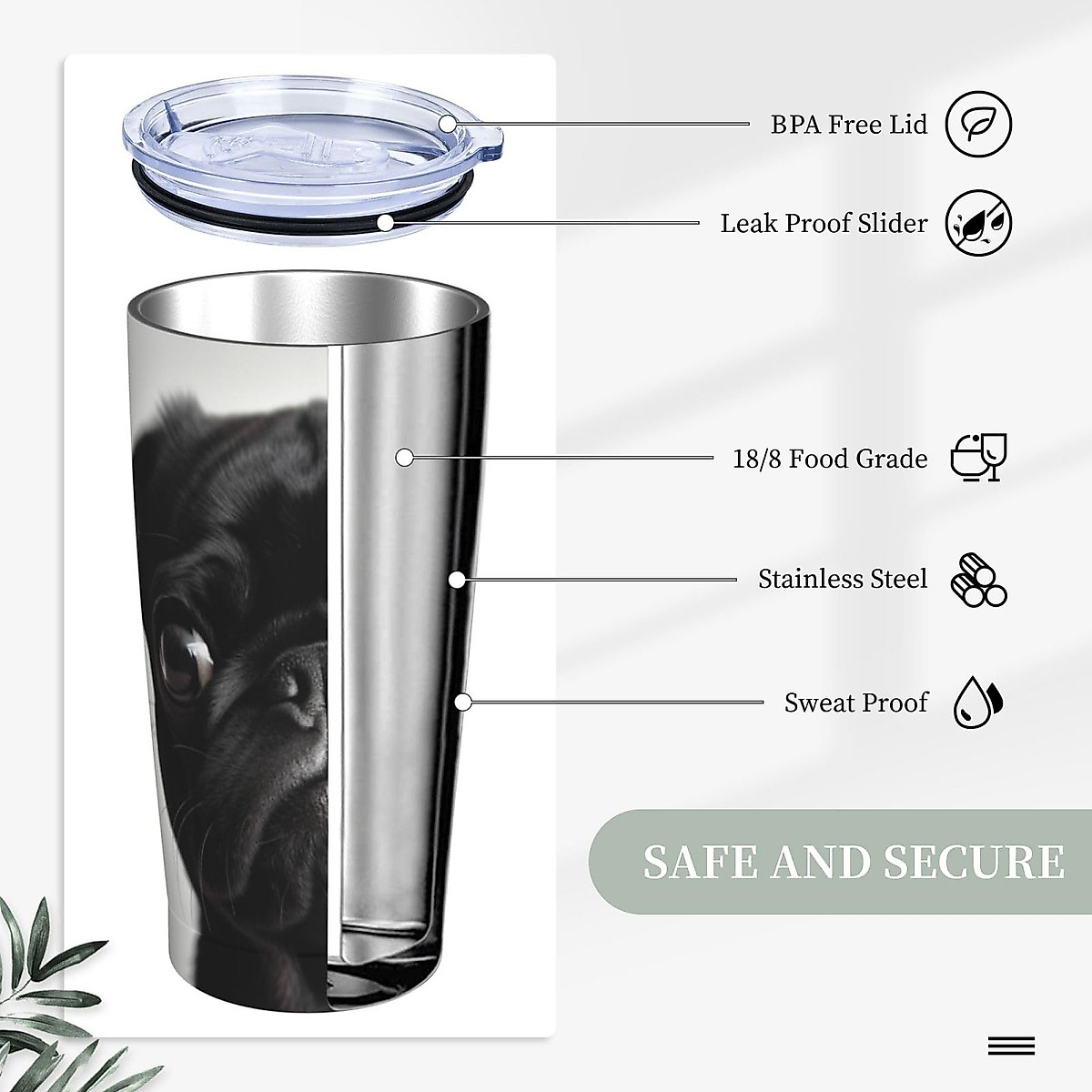 Cute Black Pug Dog print 20 oz Stainless Steel Tumbler With Lid And Straw Insulated Coffee Cup Portable Travel Mug For Cold And Hot Drinks