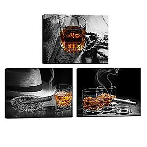 Nachic Wall - Canvas Prints Wall Art Whiskey Cigar with Black and White Backgaroud Pictures Painting Vintage Western Wall Decor for Kitchen Bar Pub Gallery Canvas Wrapped Ready to Hang
