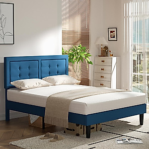 VECELO Queen Size Bed Frame with Adjustable Headboard, Upholstered Button Tufted Platform Bedframe with Wood Slats Support, No Box Spring Needed, Dark Blue