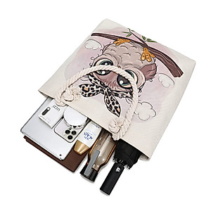 Rope Handle Tote Bags Large Tote Bag with Rope Handles Sturdy Canvas Reusable Grocery Shopping Bags Tote Bag Beach Bag (Cute Owl)