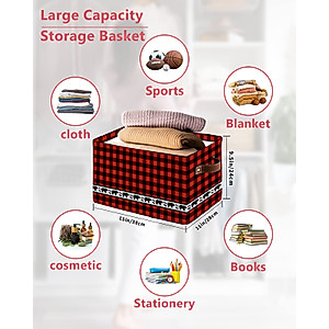 Red Black Plaid Bear Storage Bins 2 Pack, Large Waterproof Storage Baskets for Shelves Closet, Forest Wild Bear Silhouette Storage Basket Foldable Storage Box Cube Storage Organizer with Handles