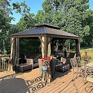 10' x 12' Hardtop Gazebo Outdoor Aluminum Gazebos Grill with Galvanized Steel Double Canopy for Patios Deck Backyard,Curtains&Netting by domi outdoor living Brown