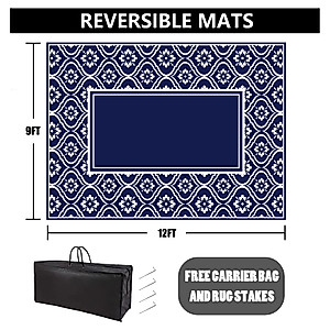 HUGEAR RV Outdoor Rug Waterproof Mat Outdoor Rugs 9'x12' for Patios Clearance Carpet Outdoor Camping Rugs Large Plastic Straw Rug (9x12ft Lantern Navy Blue&White)