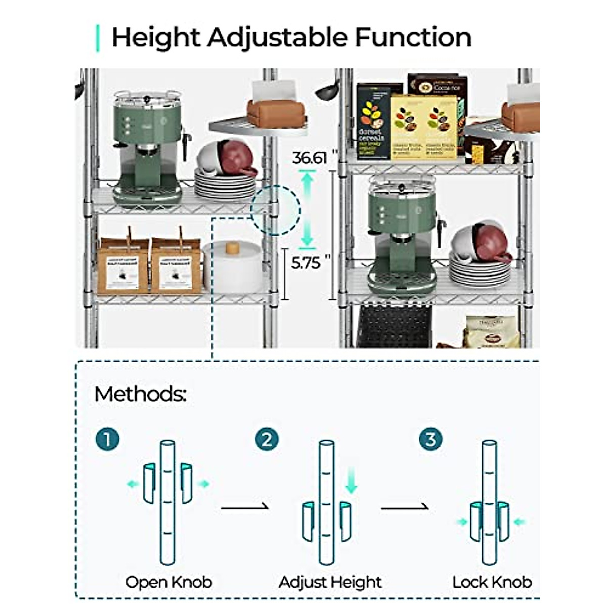 LINSY HOME 5-Tier Storage Shelves with 2 Rotatable Shelves, Height Adjustable Metal Pantry Shelves with 5 Hooks and Shelf Liners, Heavy Duty Metal Shelving, Wire Shelving for Kitchen, Bathroom -Sliver