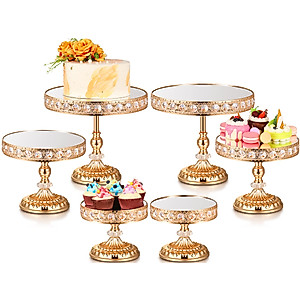 Nuanchu 6 Pcs Wedding Metal Cake Stand Set with Crystal Beaded Mirror Top Cake Display Stand Cupcake Display Plate Crystal Dessert Cheese Stand Cake Holder (Gold)