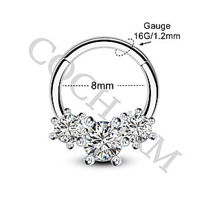 COCHARM Silver Daith Earrings for Women Cute 16g 8mm Septum Ring Clear CZ Septum Ring Surgical Steel Cartilage Hoop Earring