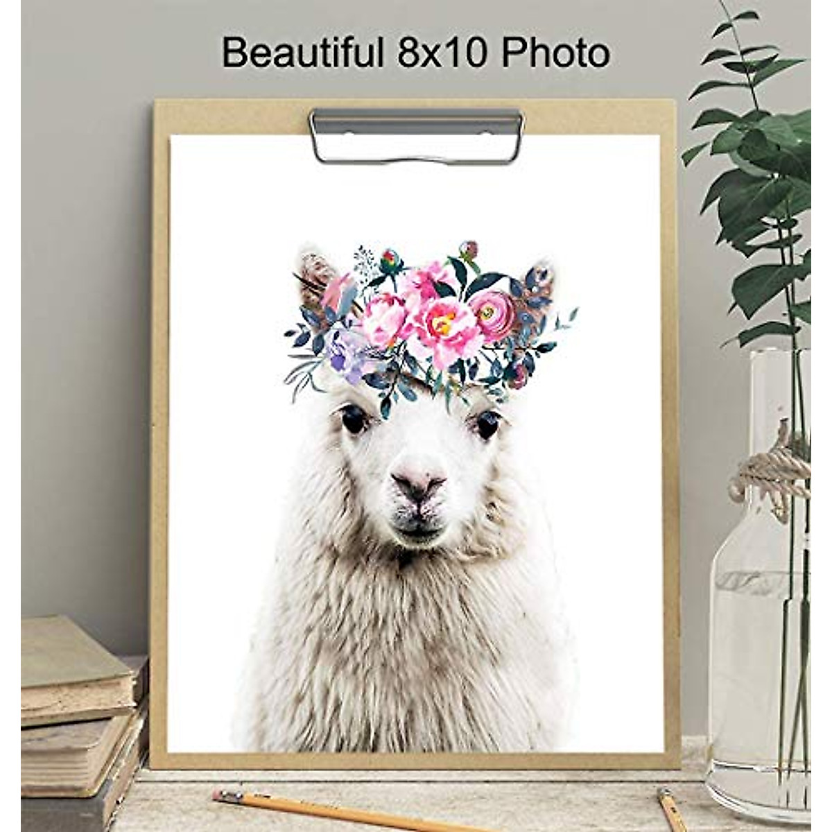 Baby Llama Wall Decor - Flower Crown Alpaca Wall Art Decoration for Girls Bedroom, Kids Room, Nursery - Cute Gift - Boho Shabby Chic Picture - 8x10 UNFRAMED Photo Poster