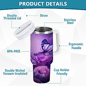 Maunzc 30 oz Tumbler with Handle and Straw, Insulated Stainless Steel Travel Mug with Lid for Coffee, Iced Tea, Water, Gift for Men Women (Purple Butterfly)