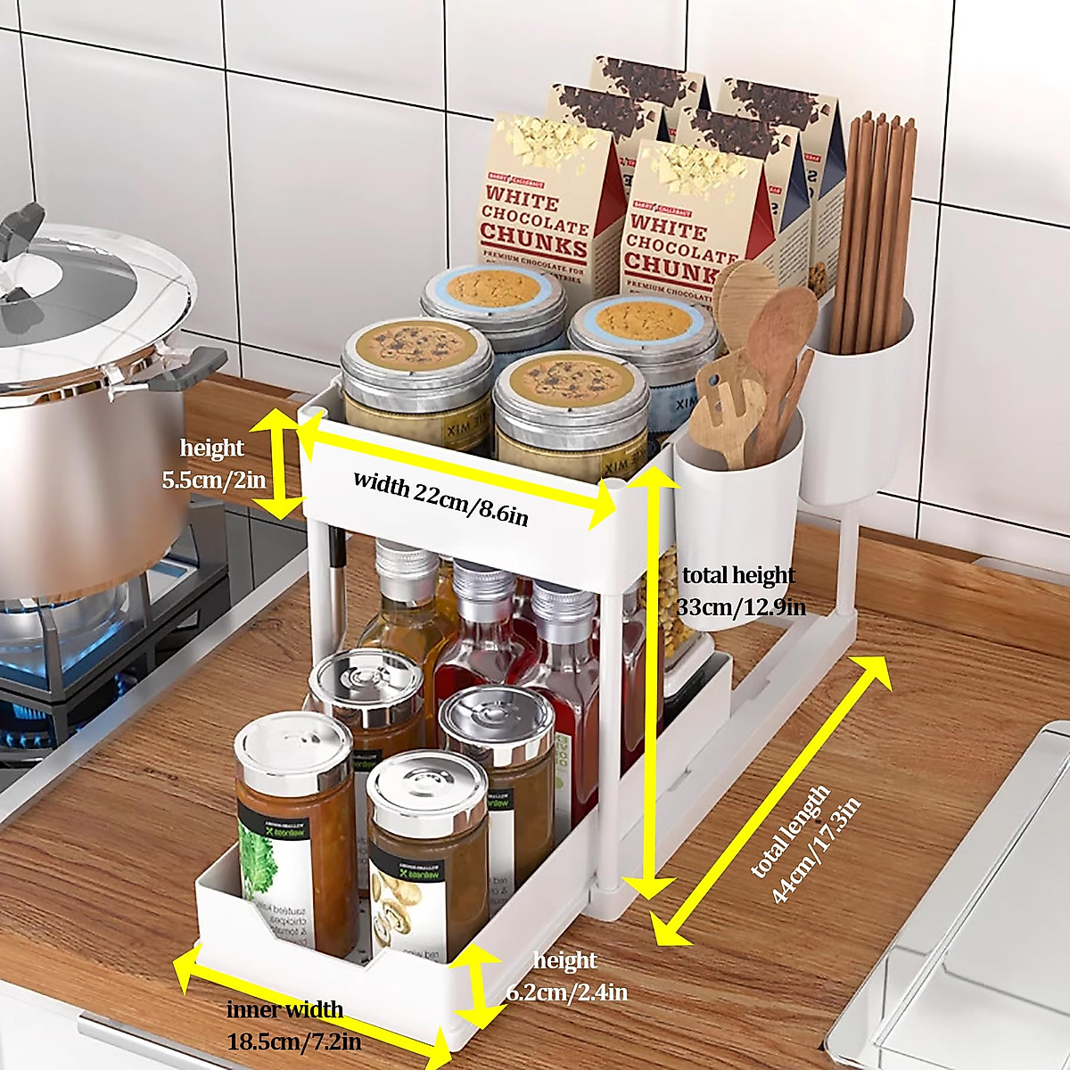 LONONE Under Sink Organizers and Storage Kitchen Under Sink Caddy Kitchen Sink Organizer 2 Tier Bathroom Organizer Under Sink Shelf,White