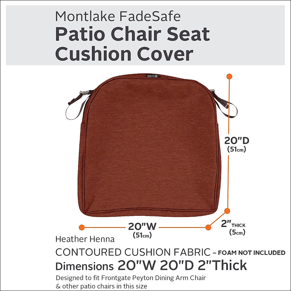 Classic Accessories Montlake Water-Resistant 20 x 20 x 2 Inch Square Outdoor Seat Cushion Slip Cover, Patio Furniture Chair Cushion Cover, Heather Henna Red, Patio Furniture Cushion Covers